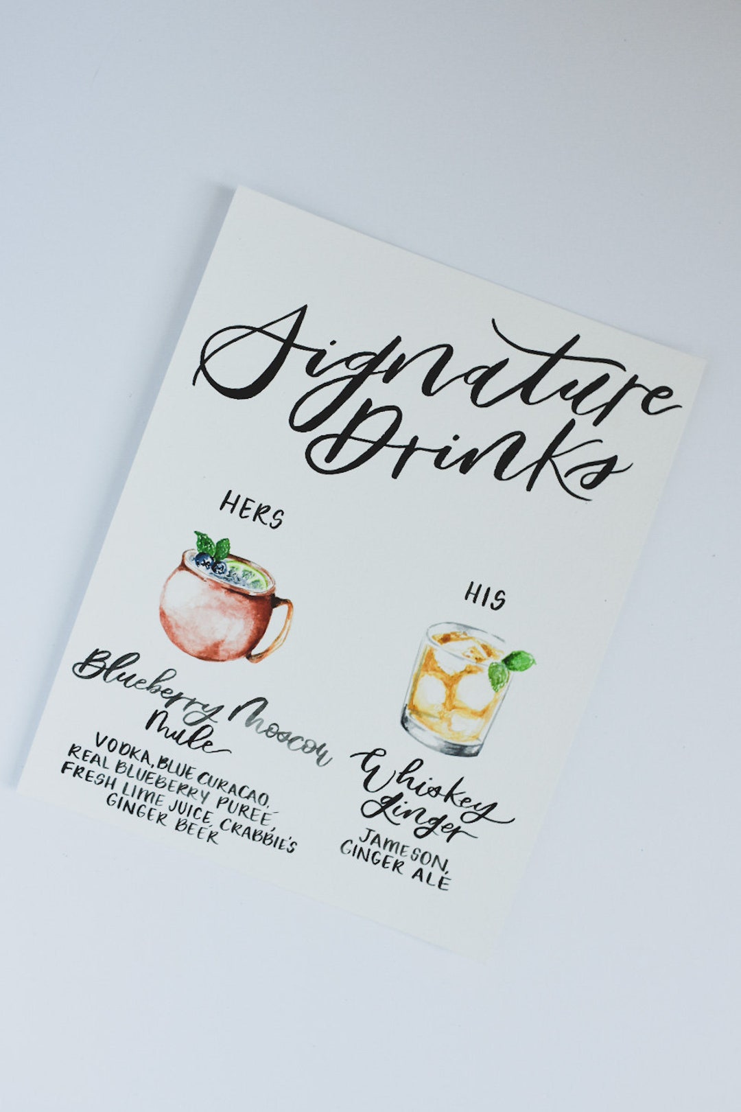 Custom Bar Menu - Hand Lettered Signature Drinks - Watercolor Painting ...
