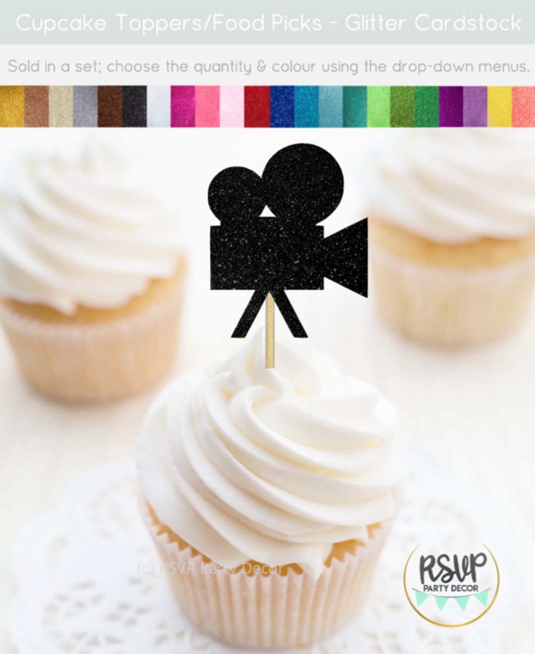 Video Camera Cupcake Toppers, Film Reel Food Picks, Hollywood Themed ...