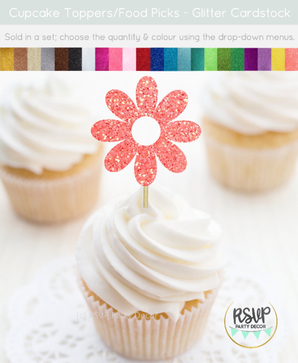 Flower Cupcake Toppers, Glitter Flower Food Picks, Garden Themed Party ...