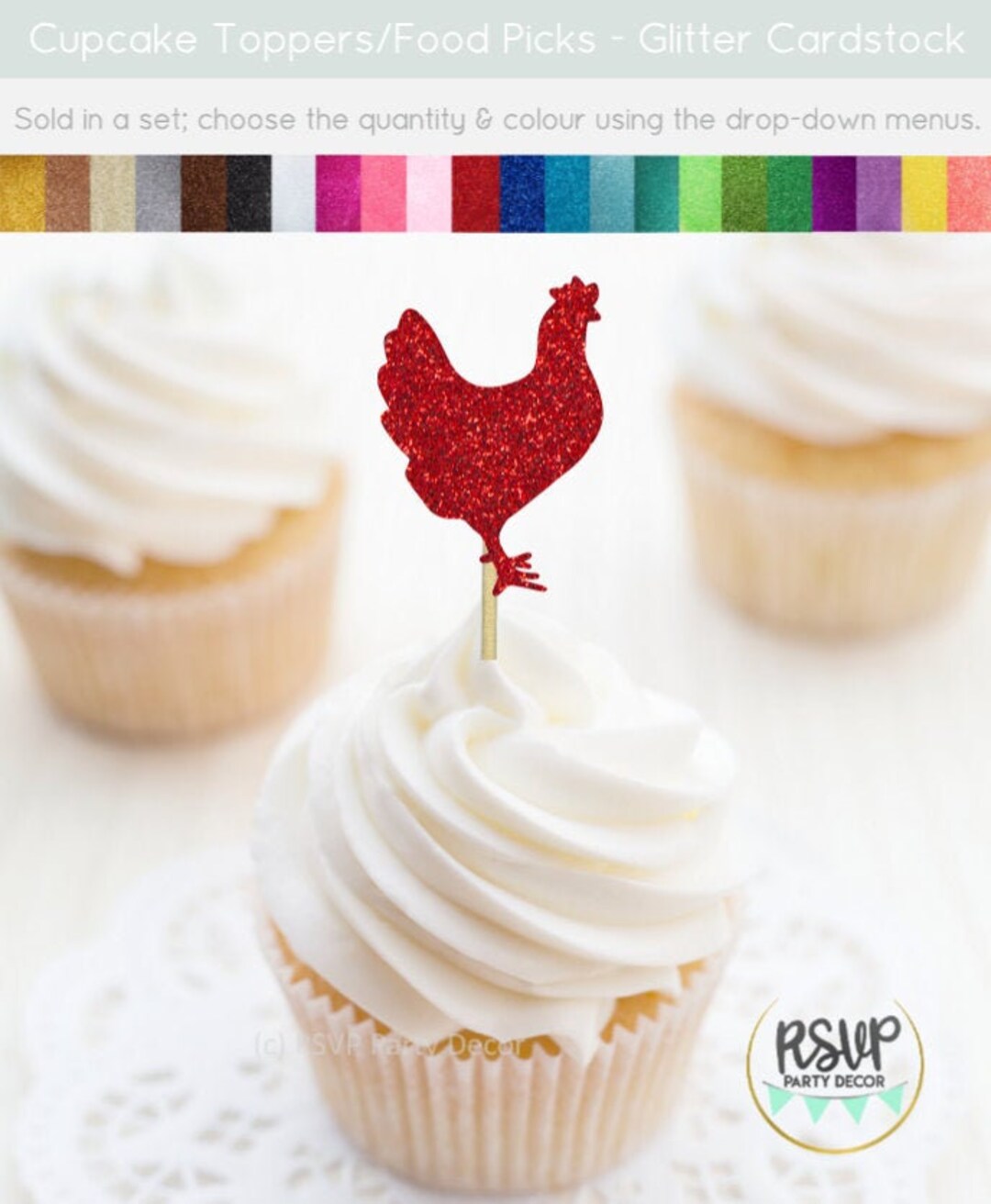 Chicken Cupcake Toppers, Rooster Food Picks, Farm Party Decor, Farm ...