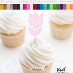 Tulip Cupcake Toppers, Glitter Flower Food Picks, Garden Themed Party ...