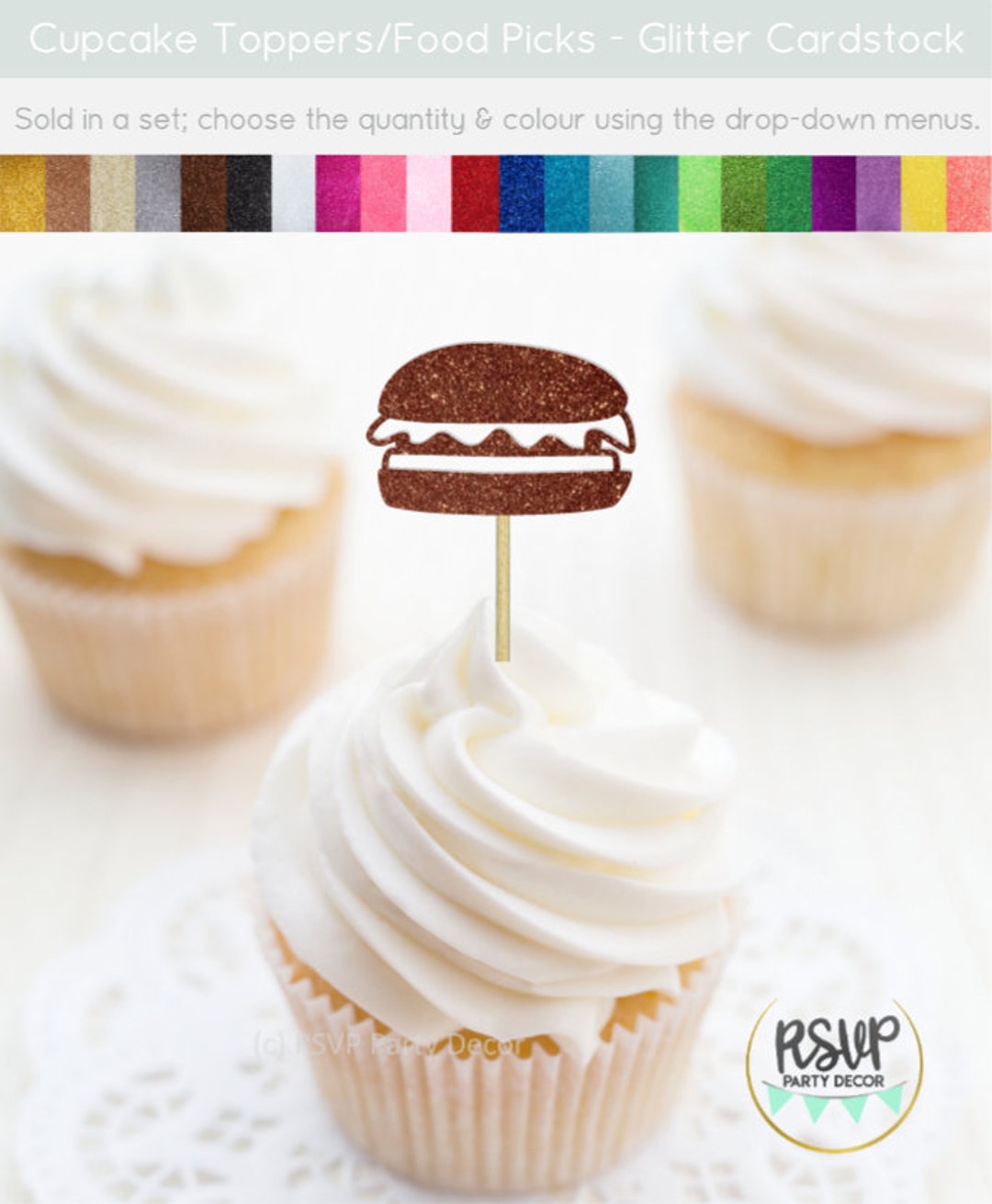 Burger Cupcake Toppers, Fast Food Party Decor, BBQ Birthday Party Decor ...