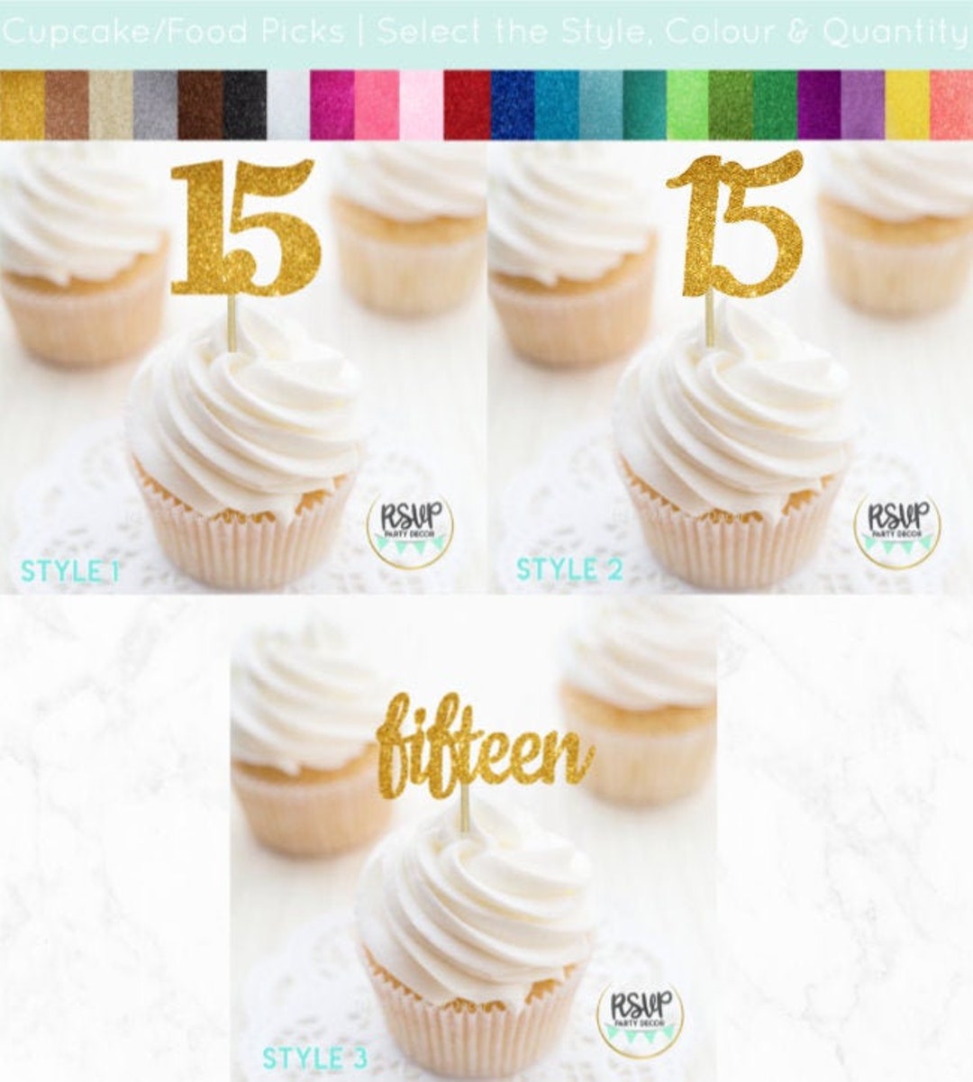Number 15 Cupcake Toppers, Fifteen Food Picks, 15th Birthday ...