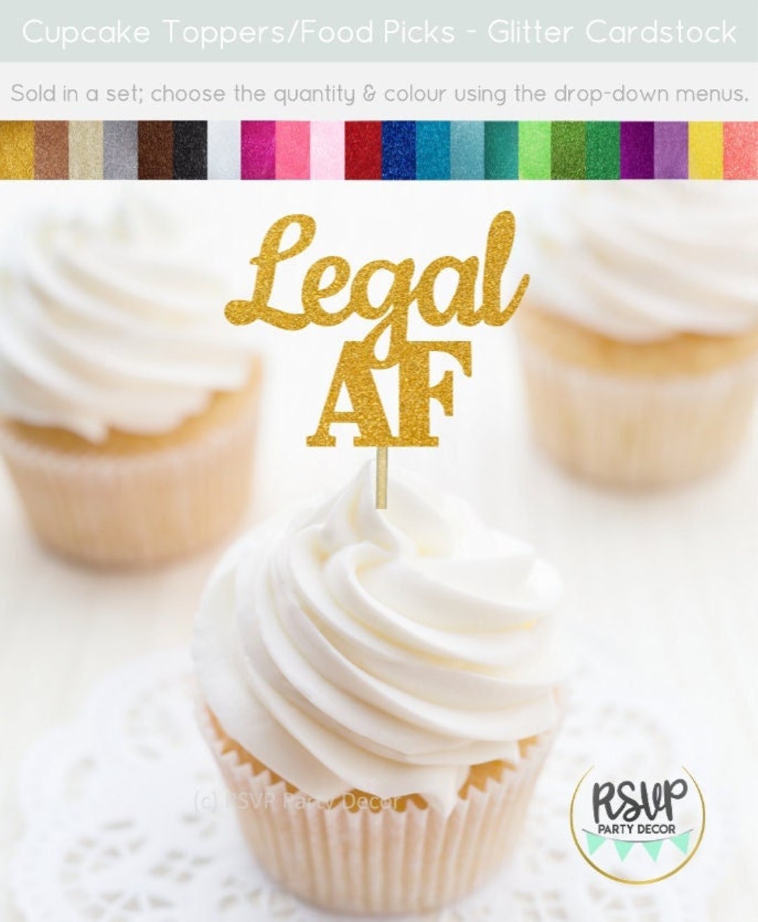 Legal AF Cupcake Toppers, Funny 19th 21st Birthday Party Decorations ...