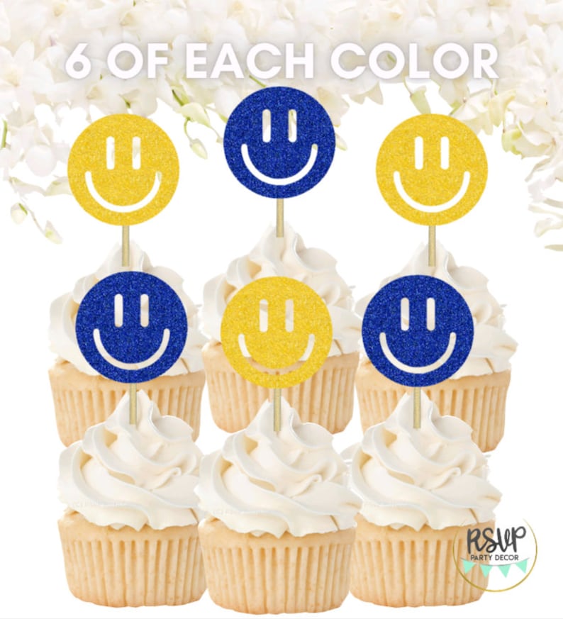 12 Pcs Smiley Face Cupcake Toppers, Smiley Face Birthday Decorations ...