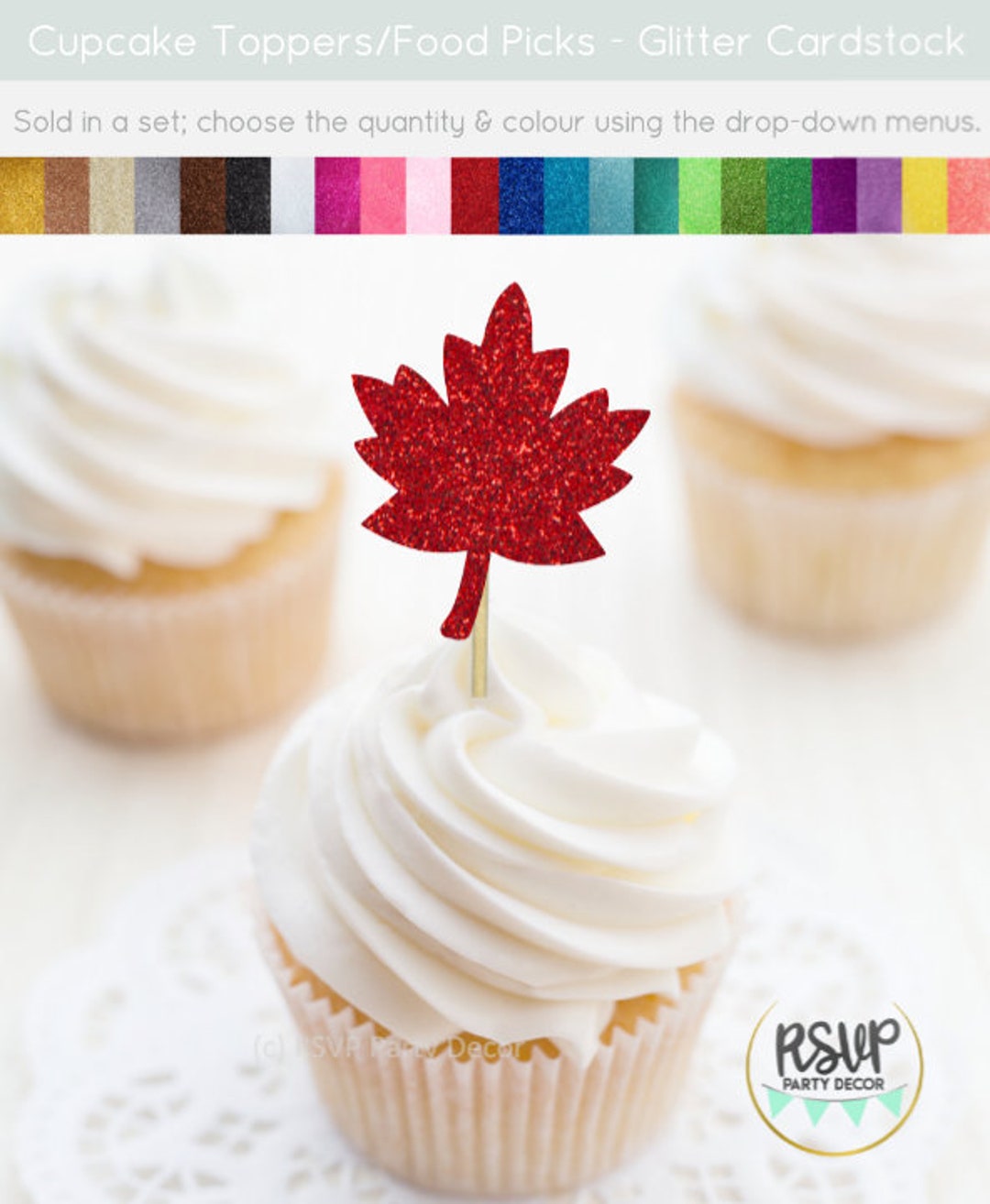 Maple Leaf Cupcake Toppers, Glitter Autumn Leaf Cupcake Toppers, Fall ...