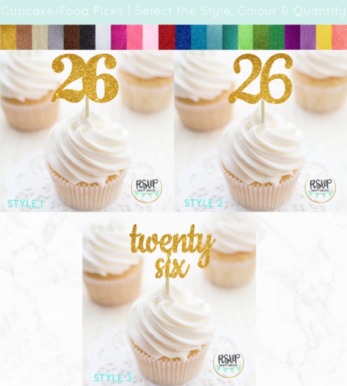 Number 26 Cupcake Toppers, Twenty Six Food Picks, 26th Birthday ...