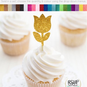 Tulip Cupcake Toppers, Glitter Flower Food Picks, Garden Themed Party ...