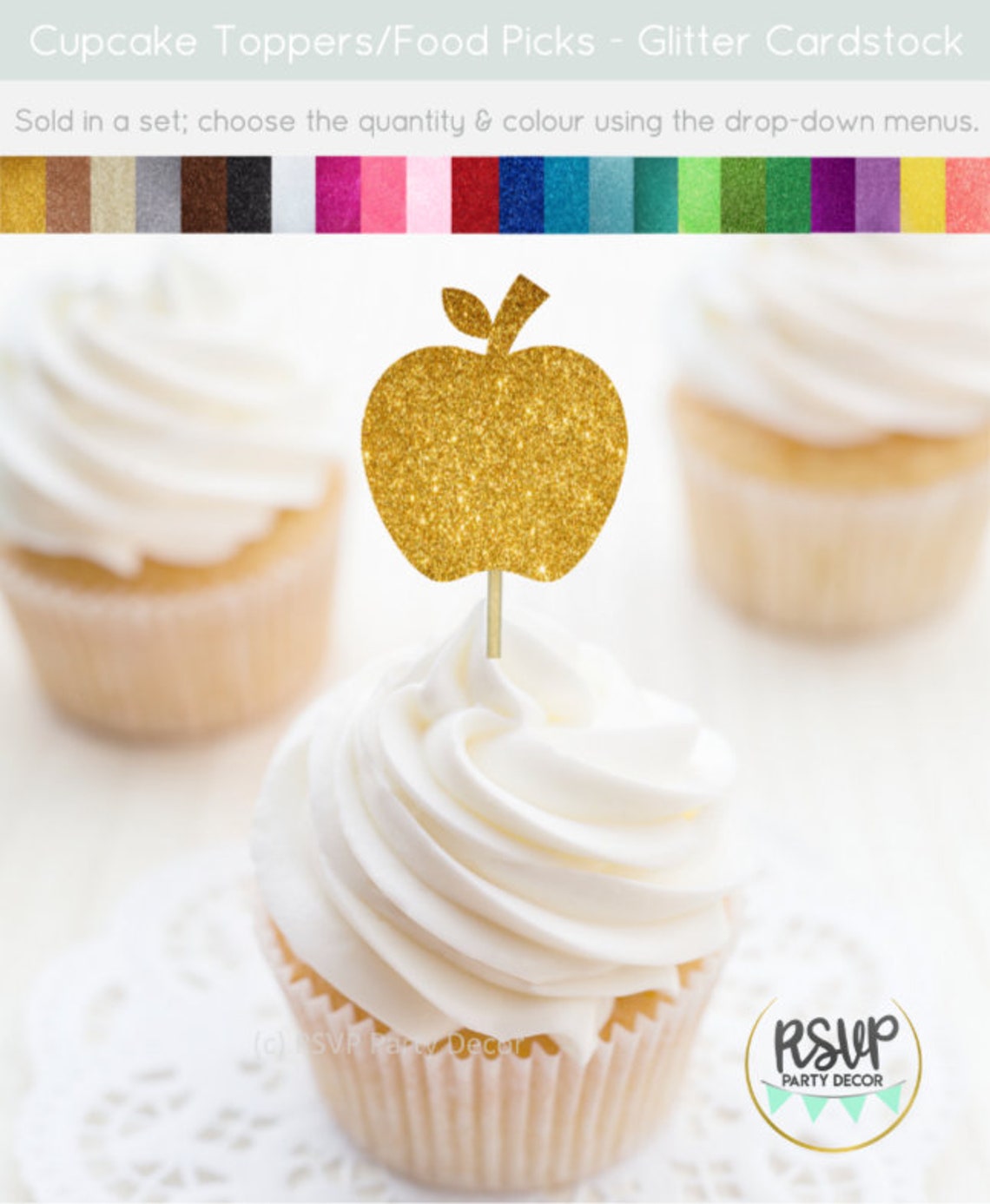 Apple Cupcake Toppers Glitter Apple Food Picks Back to - Etsy