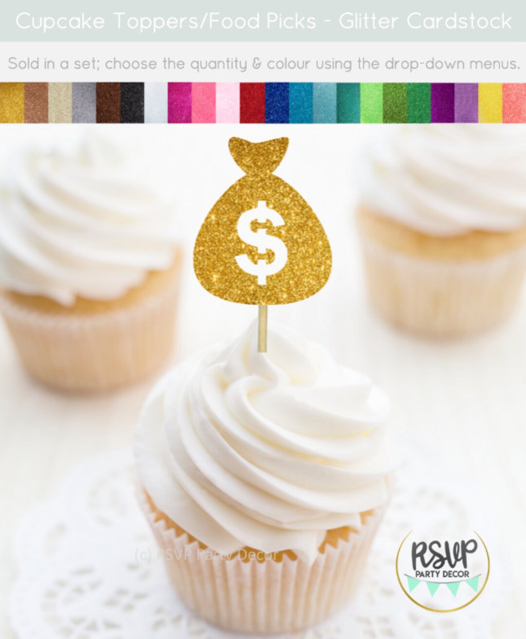Money Bag Cupcake Toppers, Money Themed Food Picks, Dollar Sign Food ...