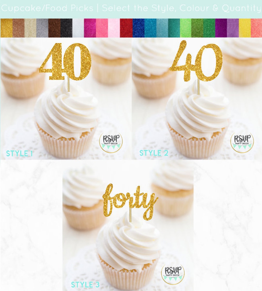 Number 40 Cupcake Toppers, Forty Food Picks, 40th Birthday Decorations ...