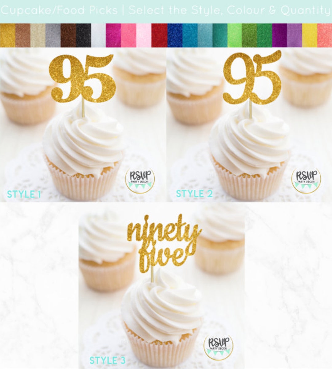Number 95 Cupcake Toppers, Ninety Five Food Picks, 95th Birthday ...
