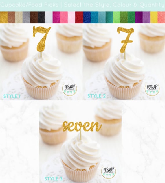Number 7 Cupcake Toppers, Seven Food Picks, 7th Birthday Decorations ...
