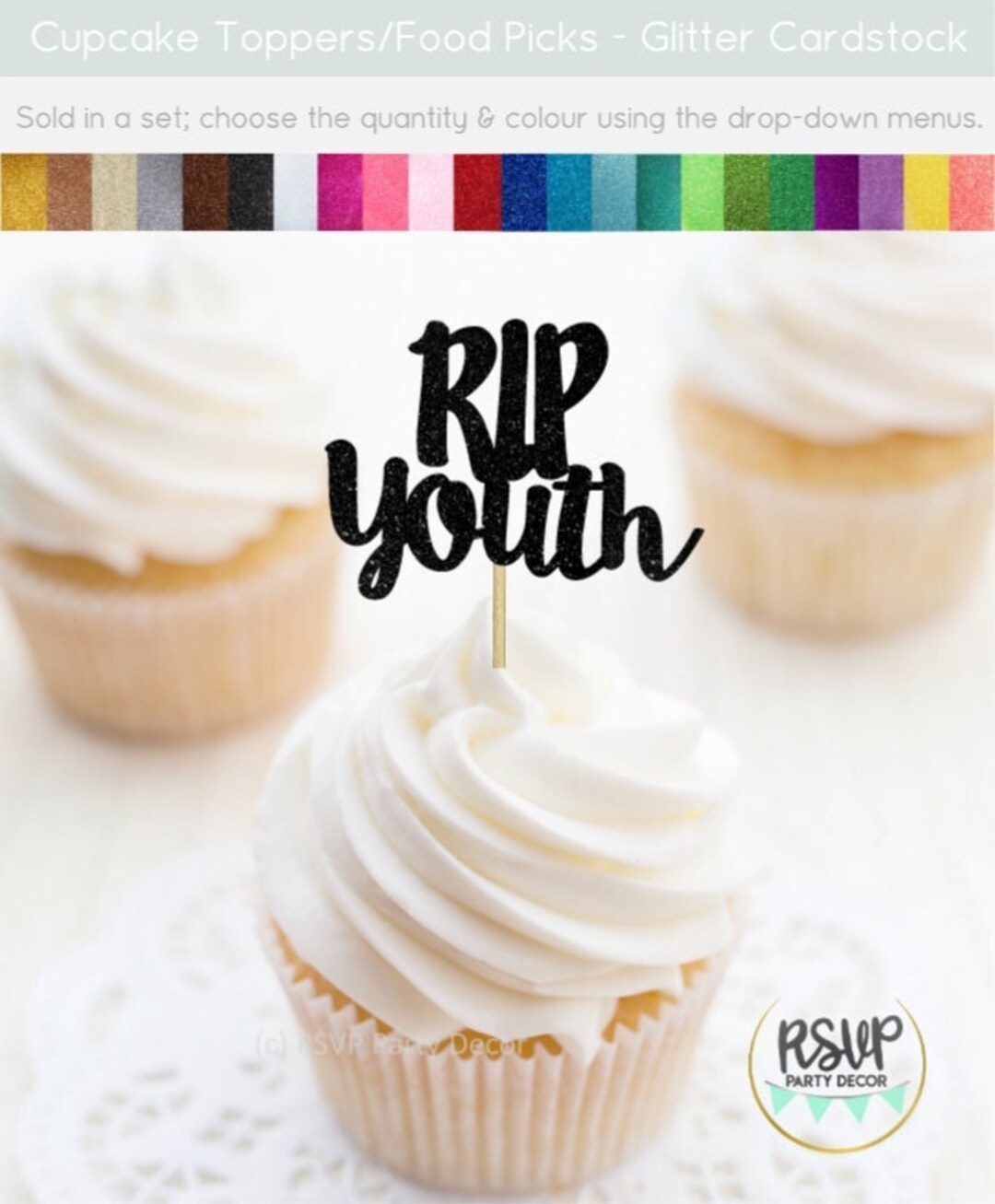 RIP Youth Cupcake Toppers, Funny Birthday Party Decor, Gothic Birthday ...