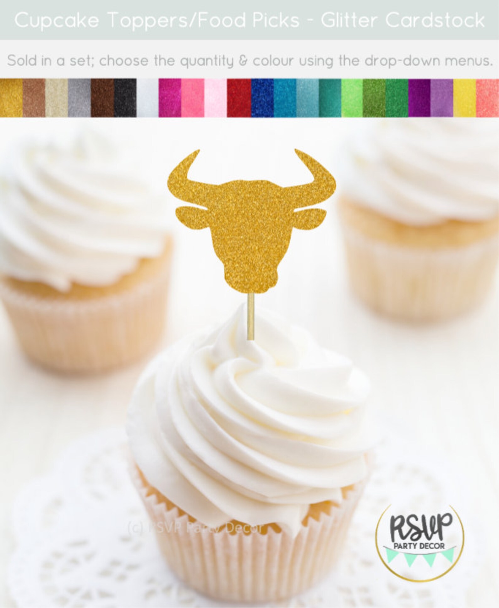 Bull Head Cupcake Toppers, Western Party Decor, Bull Party Decor ...