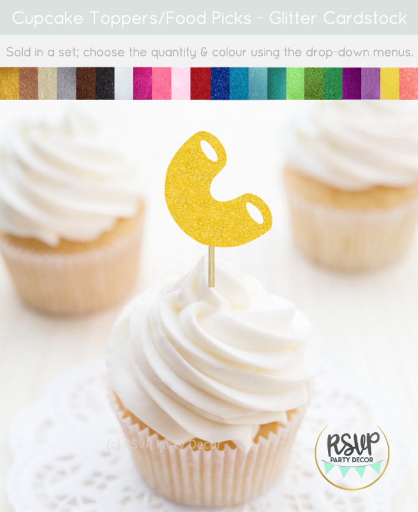 Macaroni Cupcake Toppers, Macaroni and Cheese Party Decorations, Pasta ...