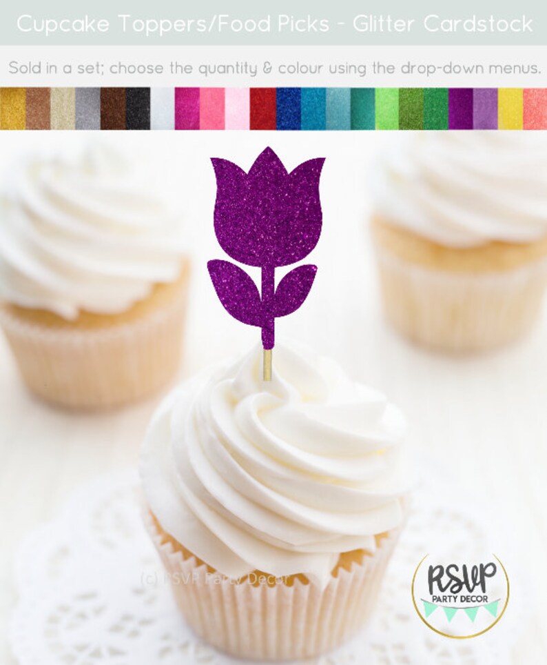 Tulip Cupcake Toppers Glitter Flower Food Picks Garden - Etsy