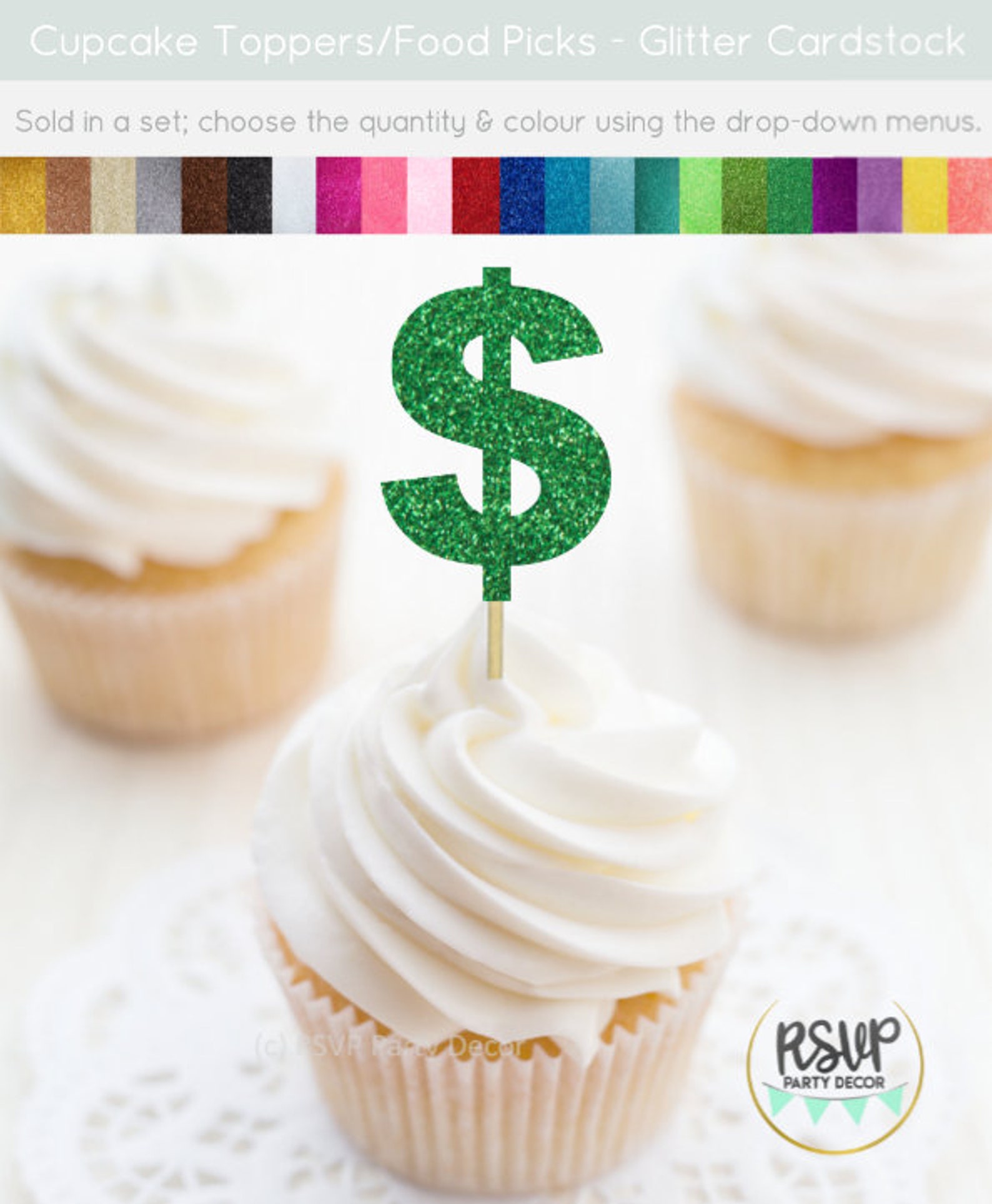 Dollar Sign Cupcake Toppers, Money Cupcake Toppers, Dollar Food Picks ...