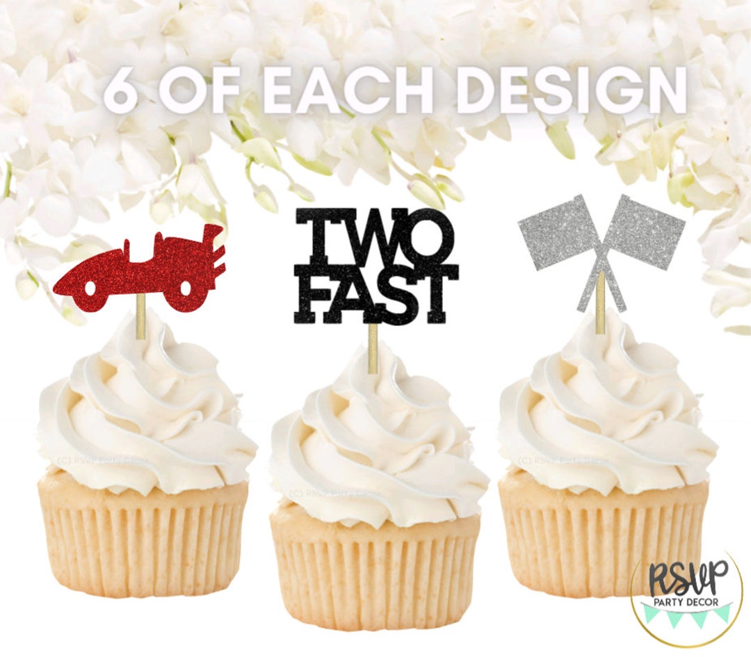 18 PCS Two Fast Cupcake Toppers, Car 2nd Birthday Party Decorations ...