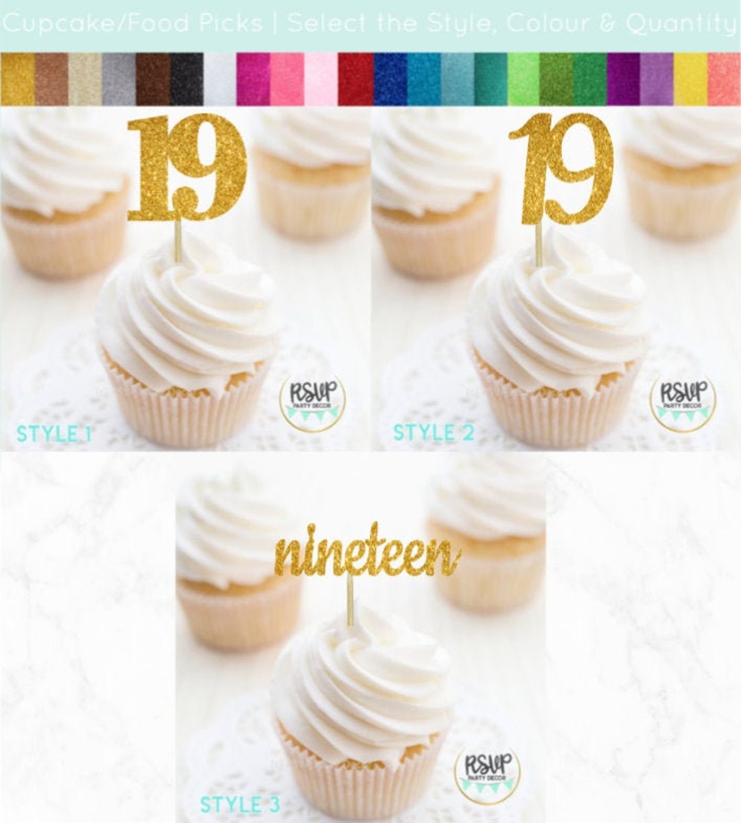 Number 19 Cupcake Toppers, Nineteen Food Picks, 19th Birthday ...
