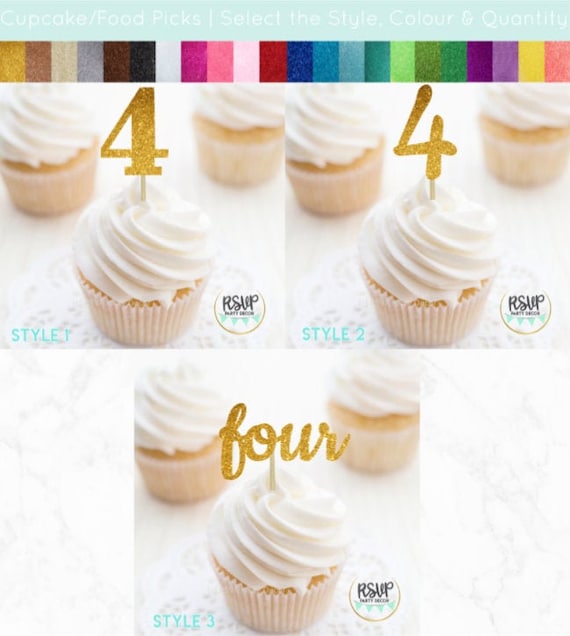 Number 4 Cupcake Toppers, Four Food Picks, 4th Birthday Decorations ...