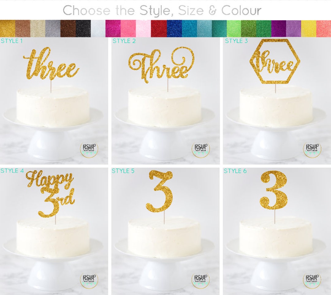 Three Cake Topper, 3 Cake Topper, Glitter 3 Sign, Happy 3rd Cake Topper ...