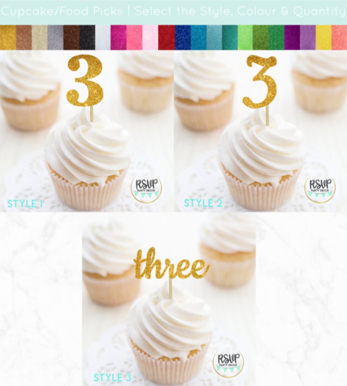 Number 3 Cupcake Toppers, Three Food Picks, 3rd Birthday Decorations ...