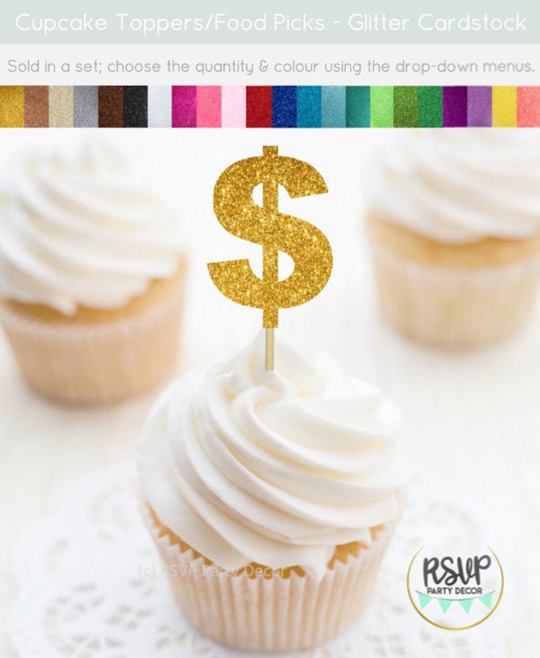 Dollar Sign Cupcake Toppers, Money Cupcake Toppers, Dollar Food Picks ...