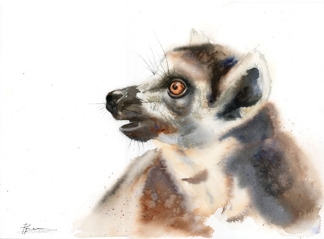 Watercolor Lemur Portrait Painting, Original Horizontal Artwork ...