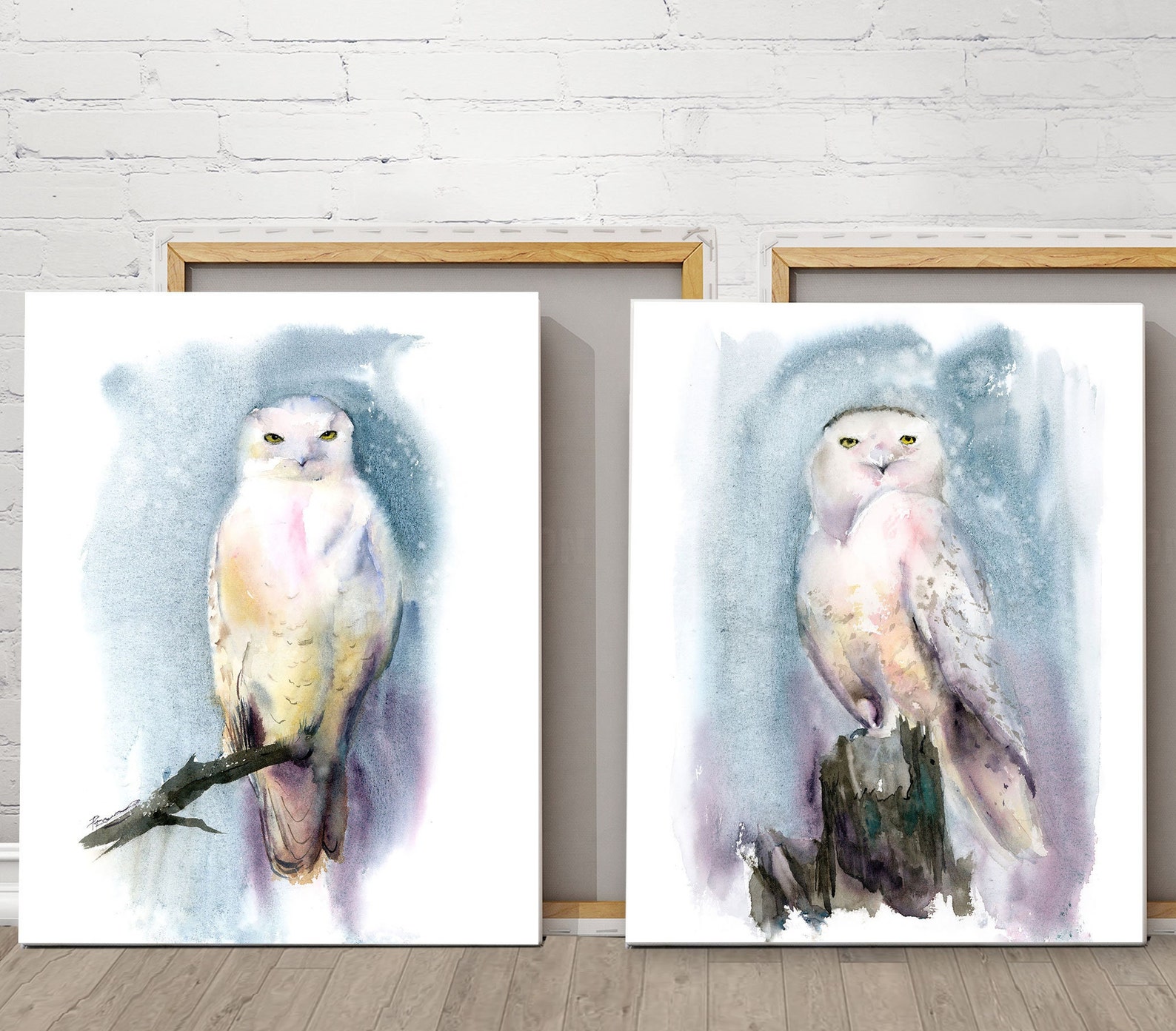 Set of 2 Snowy Owl Prints Winter Birds of Prey Christmas Gift Wall Art ...