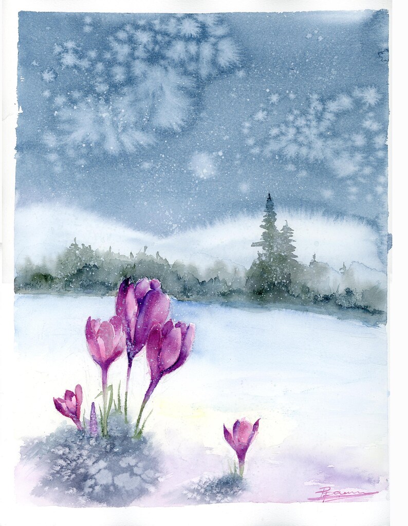 Crocuses in Snow Original Watercolor Painting, Winter Landscape ...