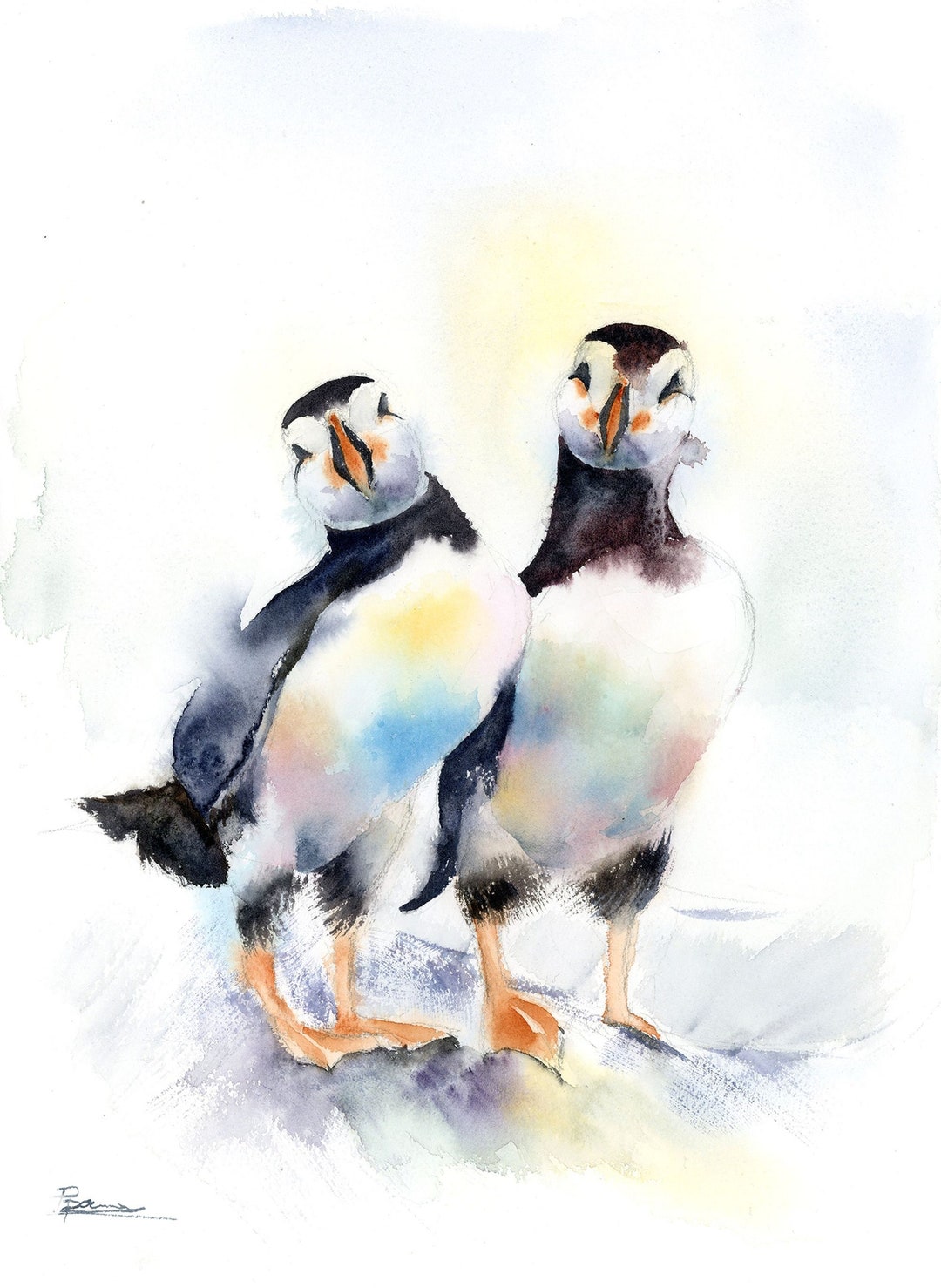 Original Watercolor Painting, Hand Painted Two Puffins Birds, Pair of ...