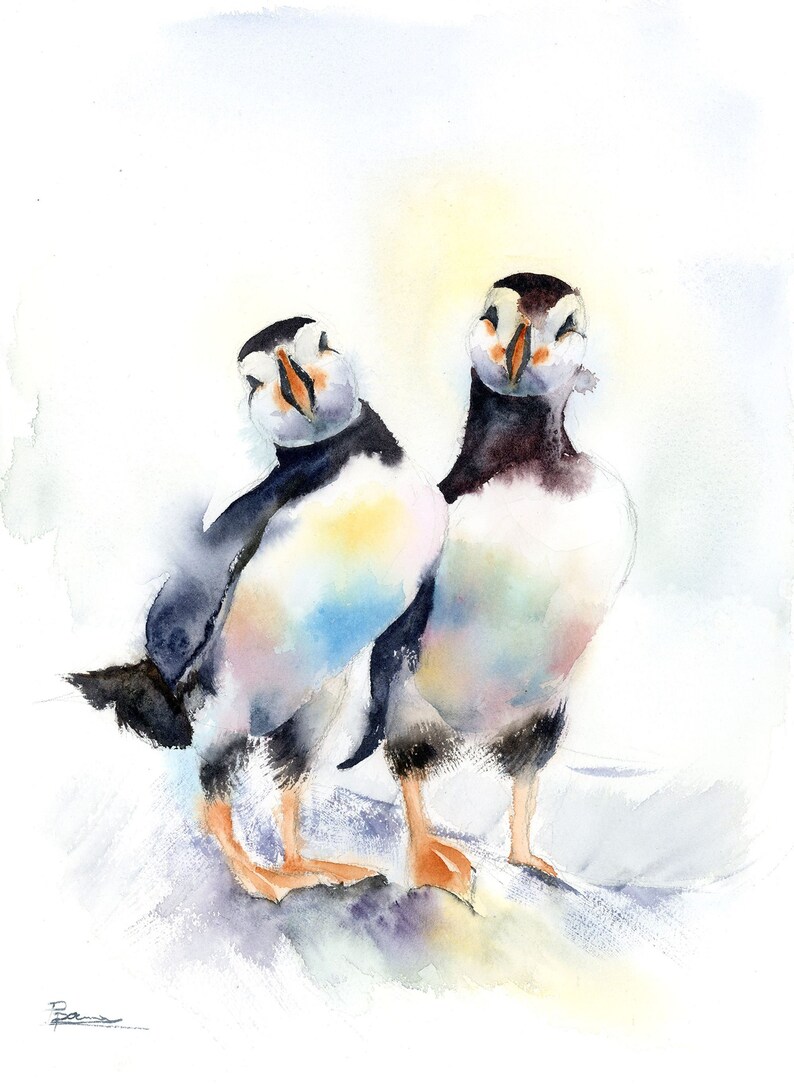 Original Watercolor Painting Hand Painted Two Puffins Birds - Etsy