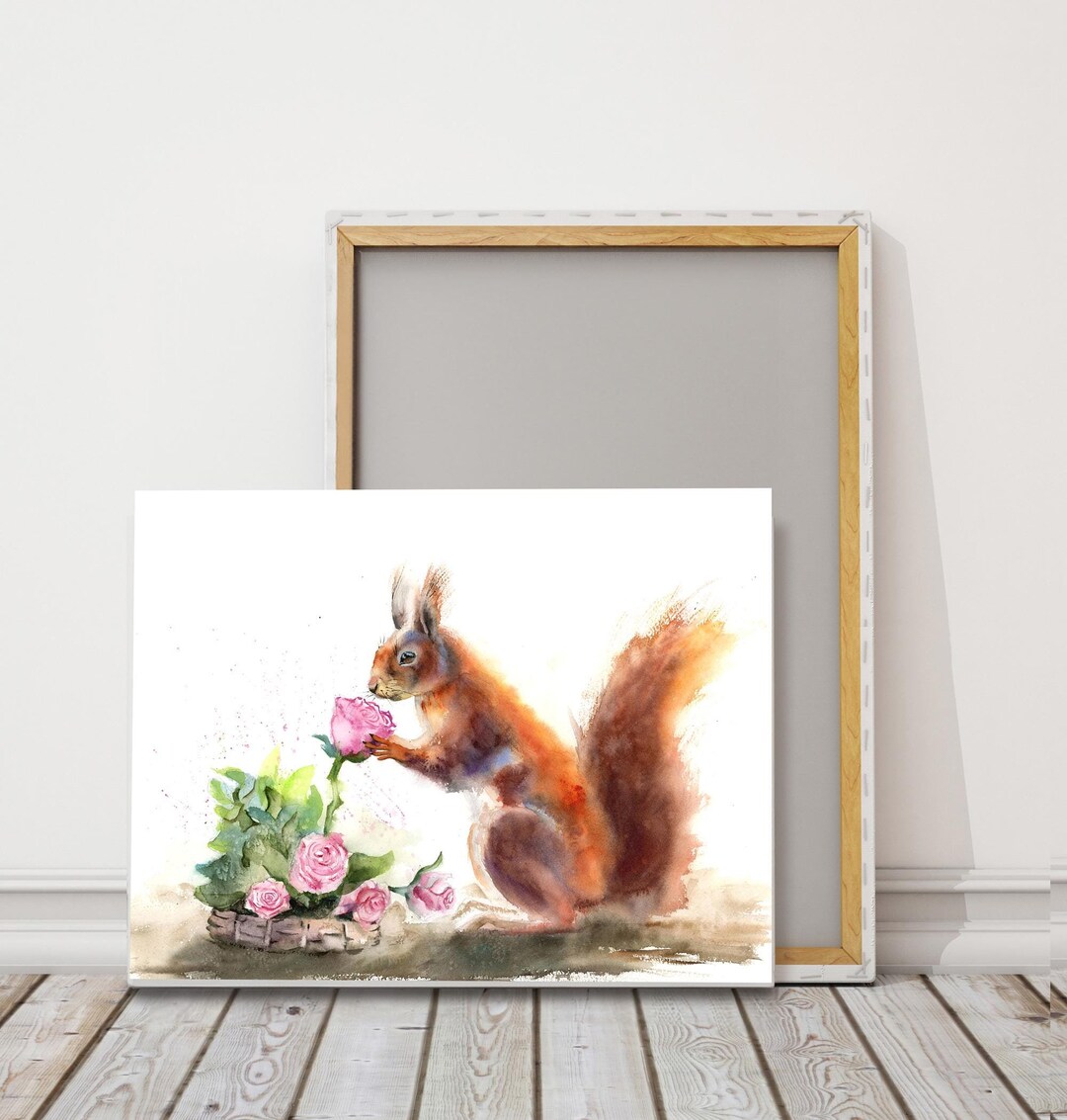 Red Squirrel Sniffing Flower Canvas Print, Watercolor Painting Woodland ...
