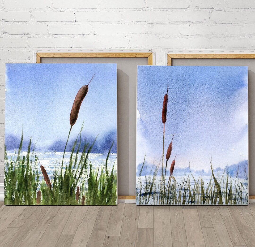 Nature Landscape Set of 2 Canvas Prints Wall Art, Reeds Green Grass ...