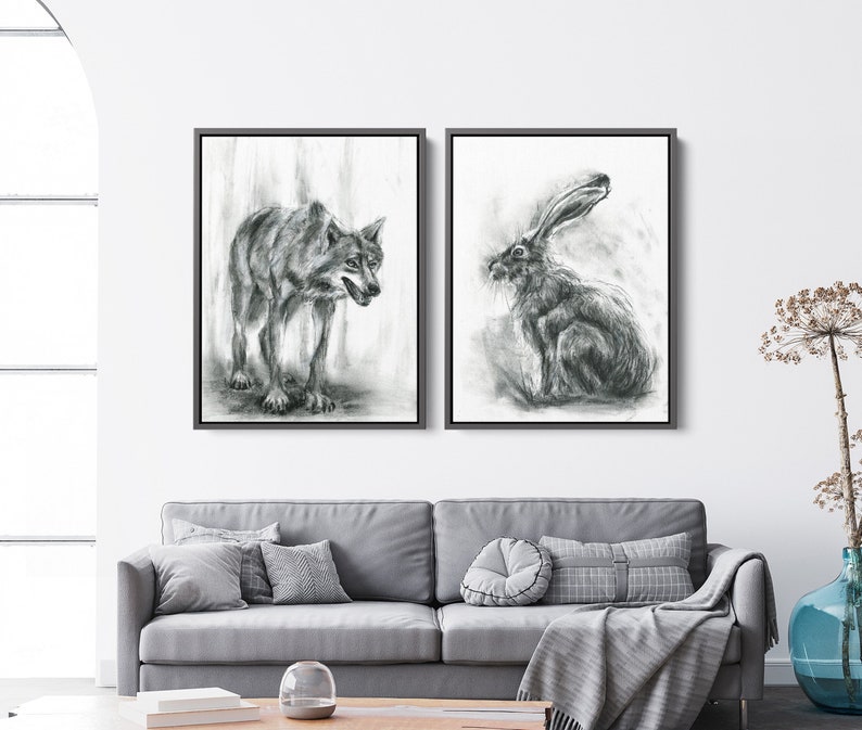 Animals Set of 2 Large Wall Art Prints, Rabbit and Wolf Charcoal ...