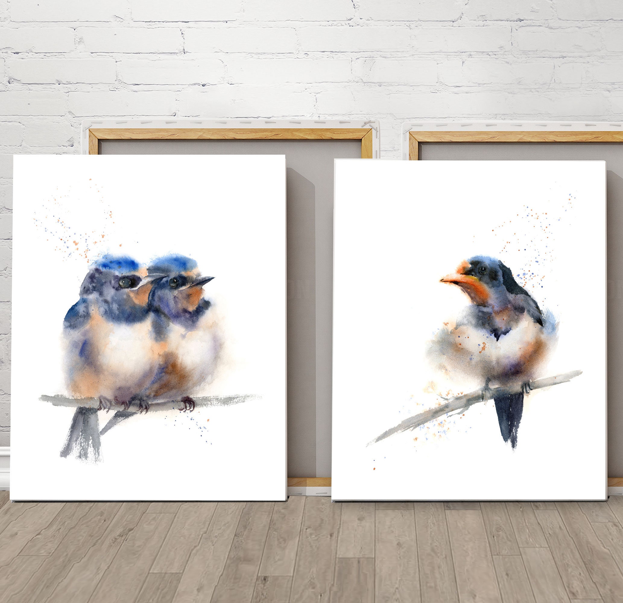 Birds Art Prints Set of 2, Swallows Paintings Wall Art Decor ...