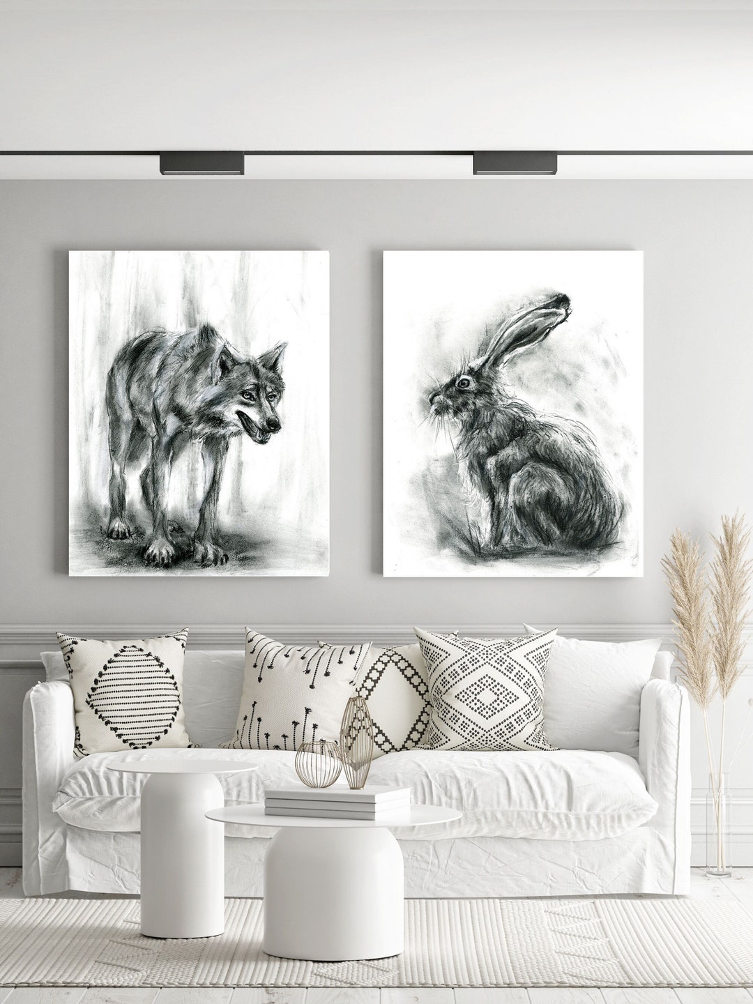 Animals Set of 2 Large Wall Art Prints, Rabbit and Wolf Charcoal ...