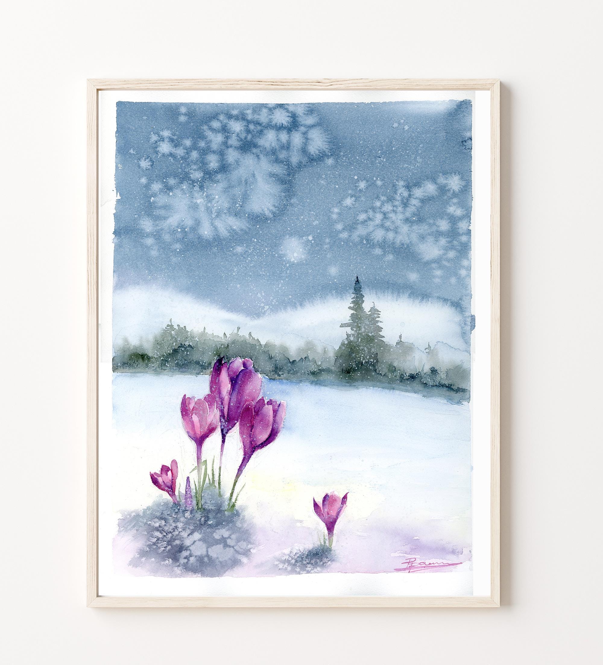 Original Watercolor Painting, Crocuses in Snow, Winter Botanical Art ...