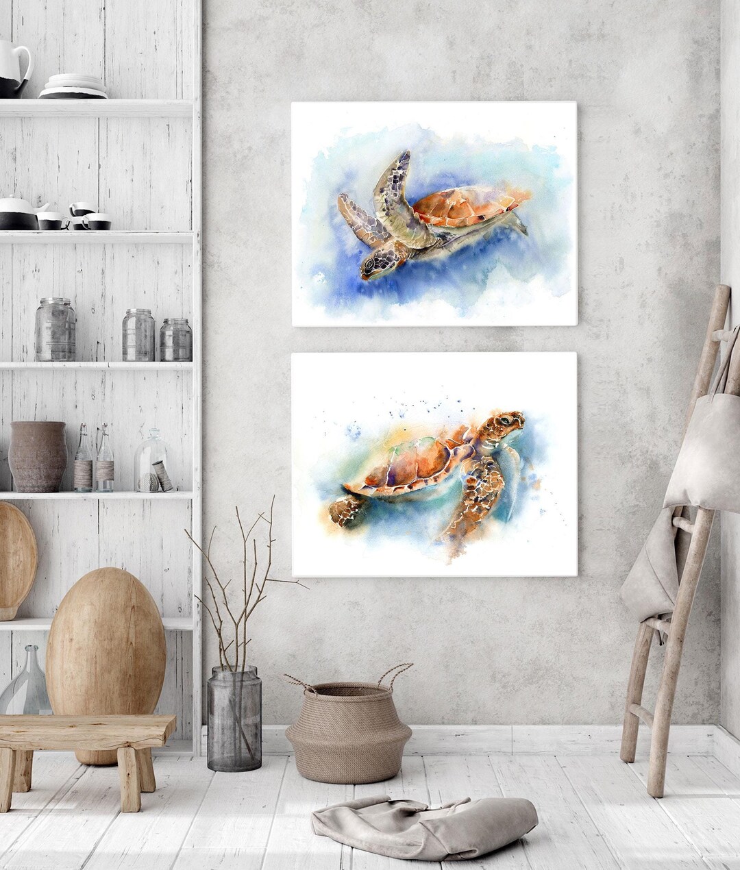 Turtle Canvas Prints, Watercolor Sea Turtle, Set of 2 Large Art, Animal ...