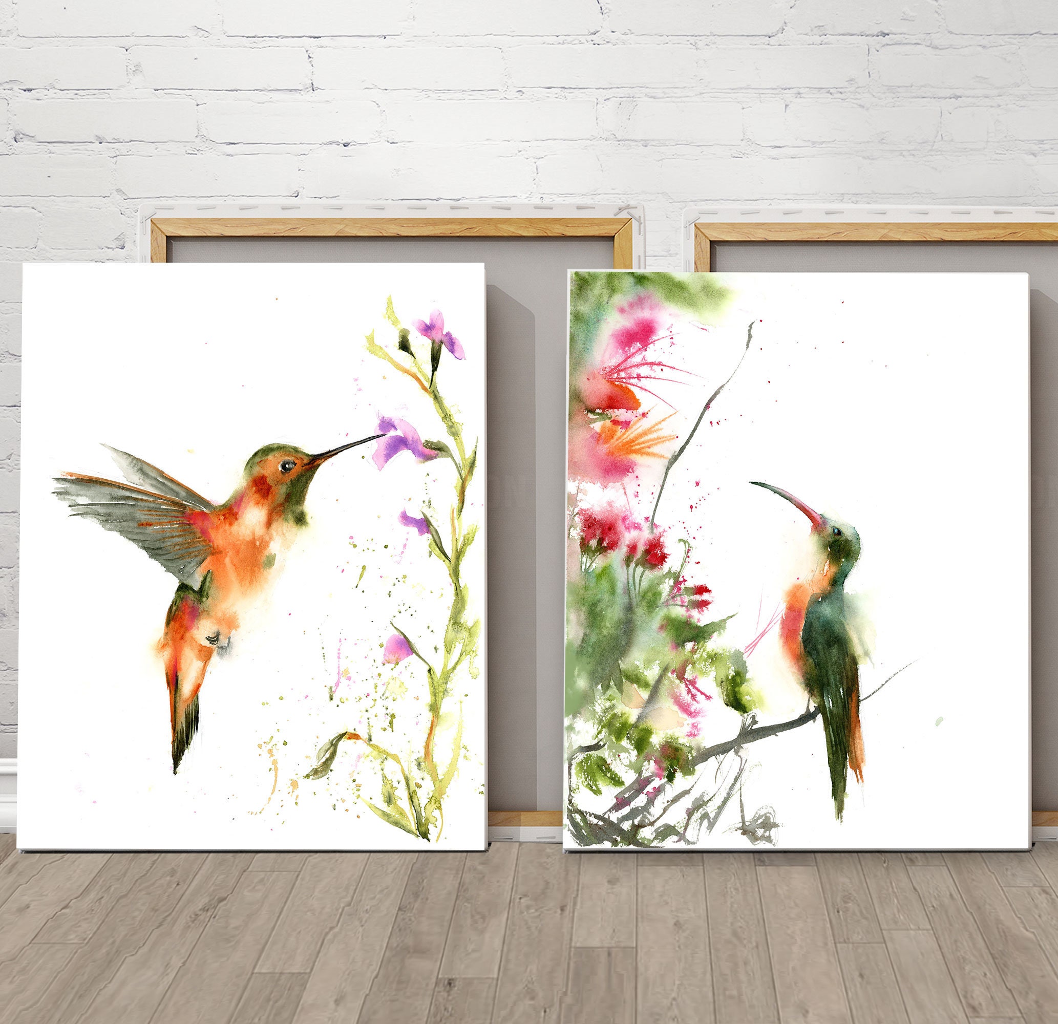 Hummingbird Prints, Set of 2 Watercolor Floral Paintings, Nature ...