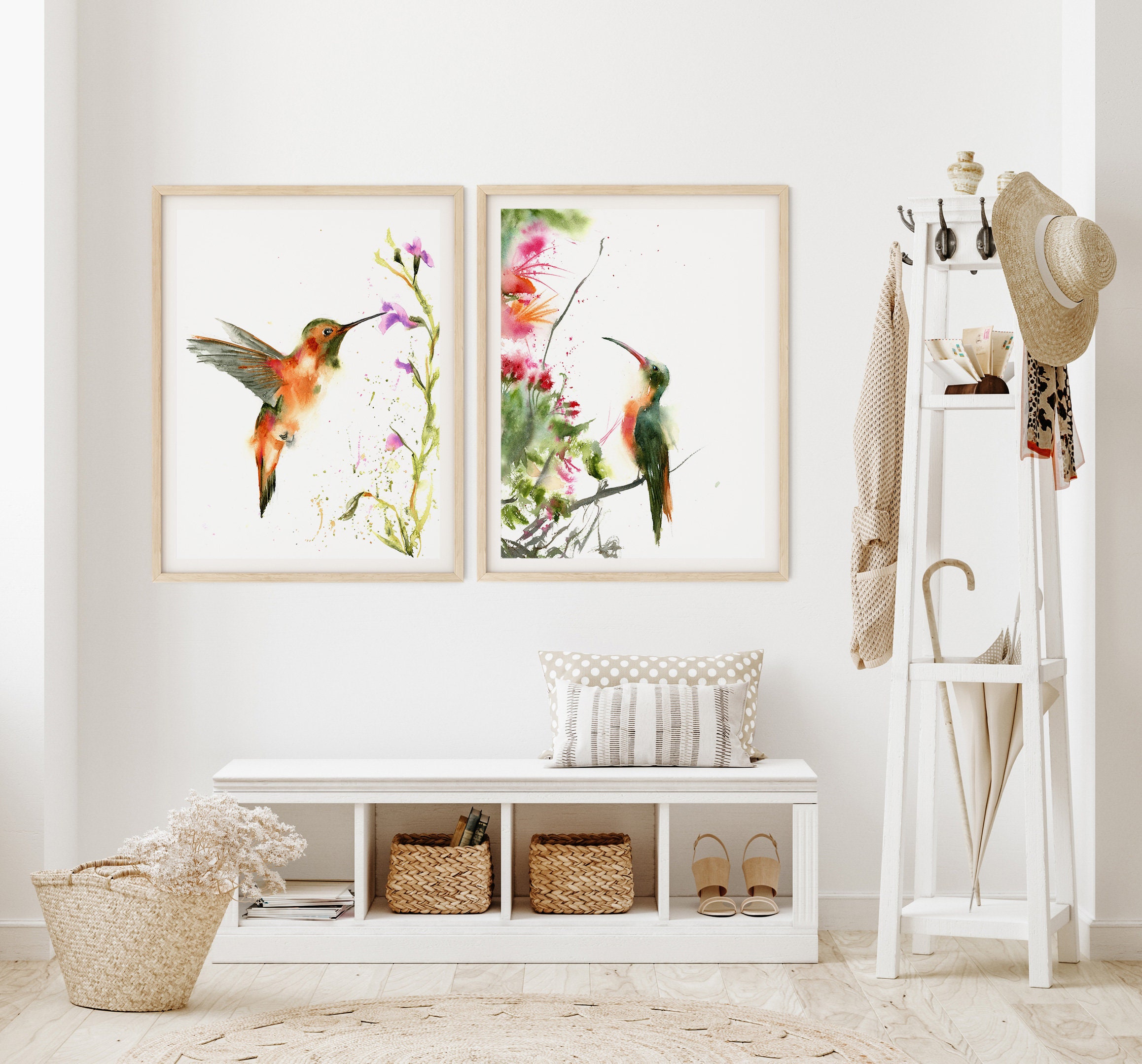 Hummingbird Prints, Set of 2 Watercolor Floral Paintings, Nature ...