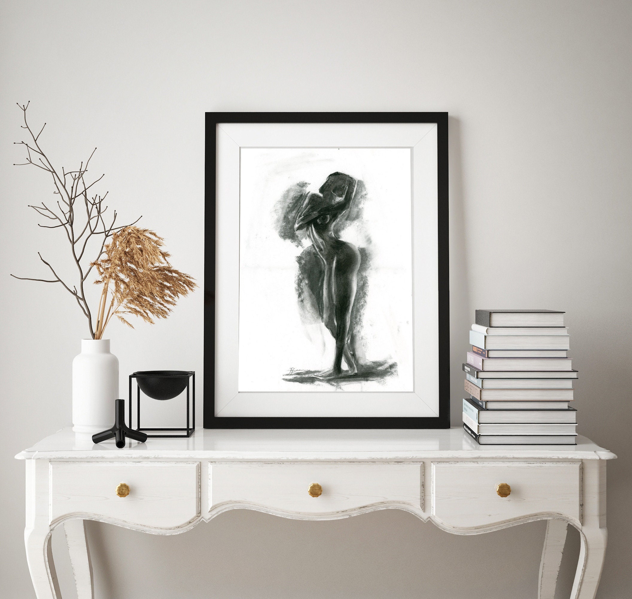 Female Drawing Original Charcoal Abstract Naked Woman Art Nude Figure