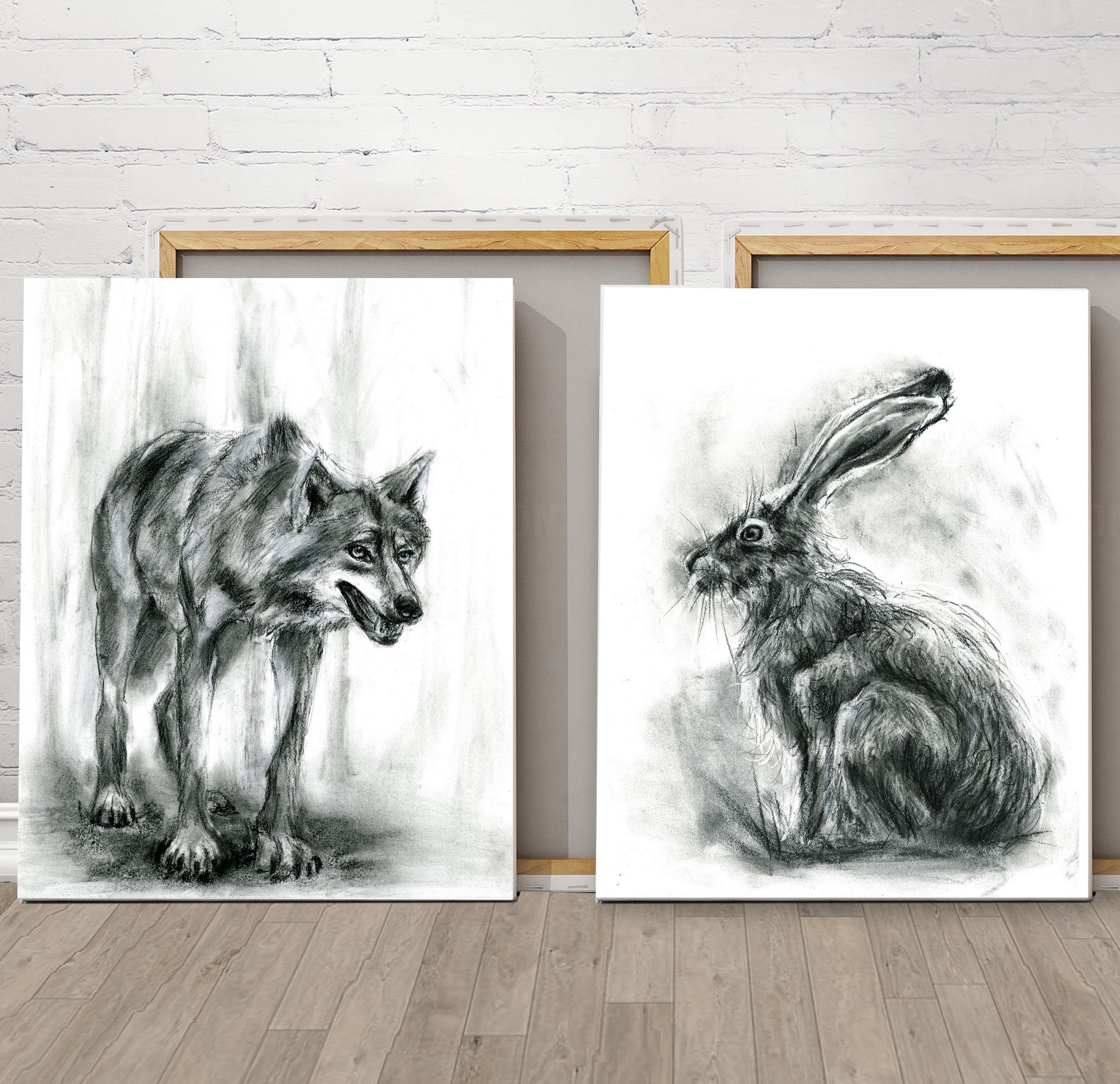 Animals Set of 2 Large Wall Art Prints, Rabbit and Wolf Charcoal ...