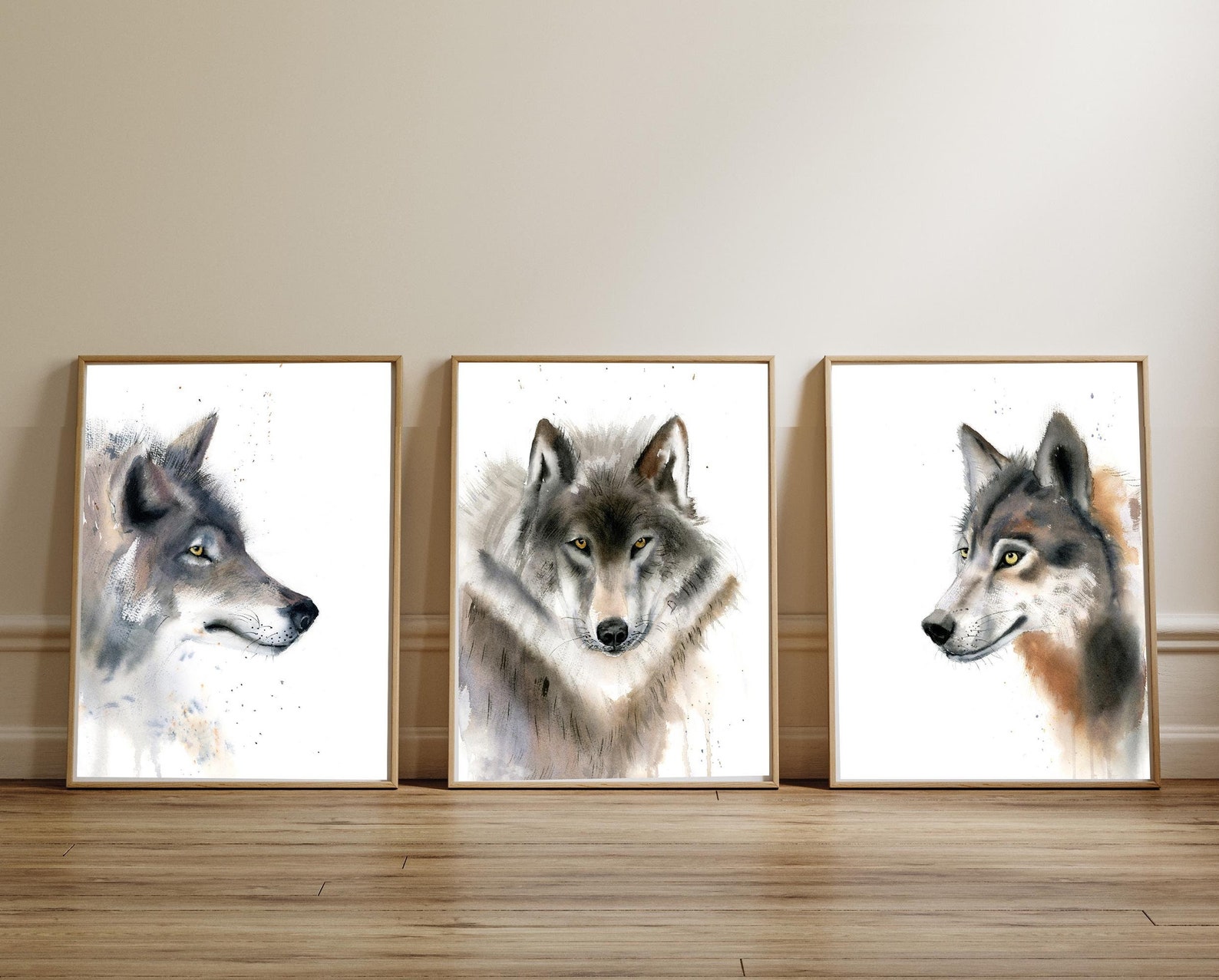 Wolves Paintings Set of 3 Prints, Gray Animals Watercolor Gallery Wall ...