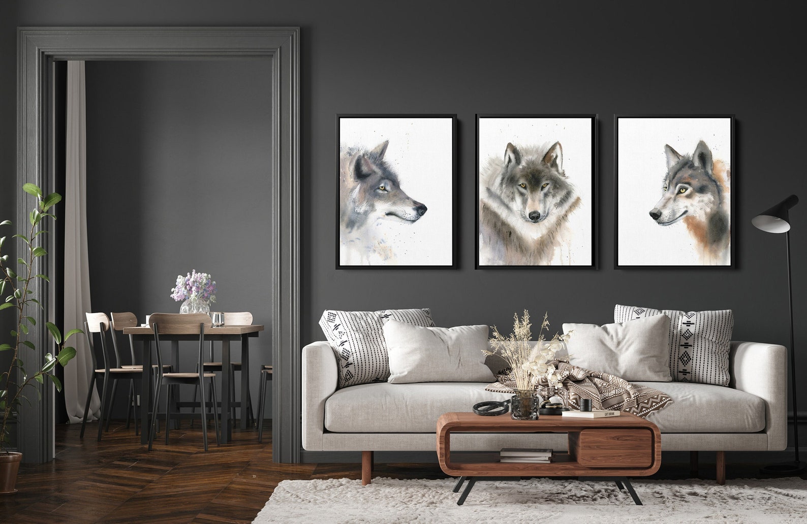 Wolves Paintings Set of 3 Prints, Gray Animals Watercolor Gallery Wall ...
