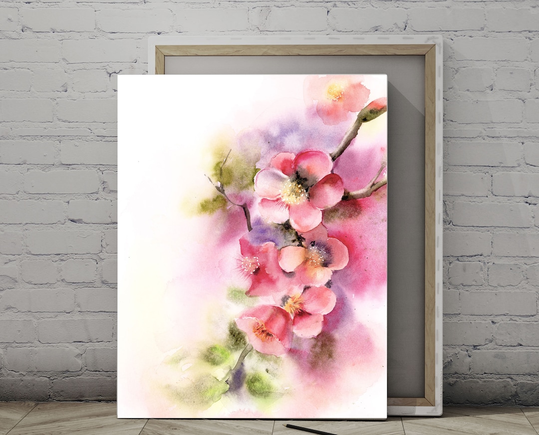 Pink Flower Art Print, Floral Canvas Artwork, Watercolor Blossom Quince ...