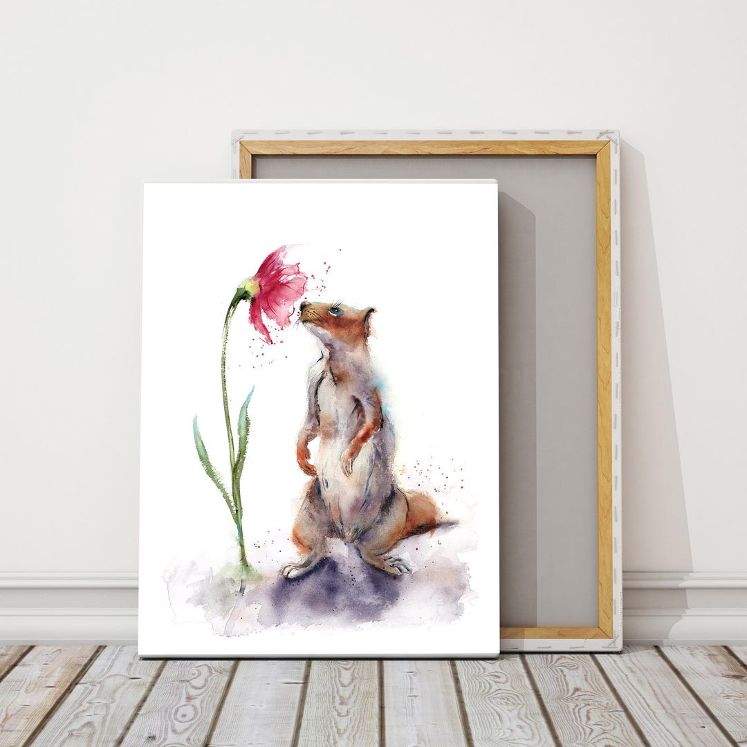 Animal Sniffing Flower Canvas Art Print | Watercolor Squirrel Wall ...