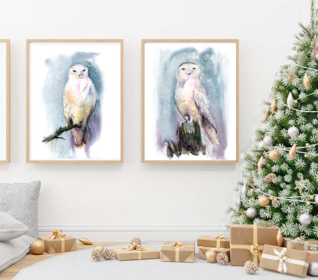 Set of 2 Snowy Owl Prints Winter Birds of Prey Christmas Gift Wall Art ...