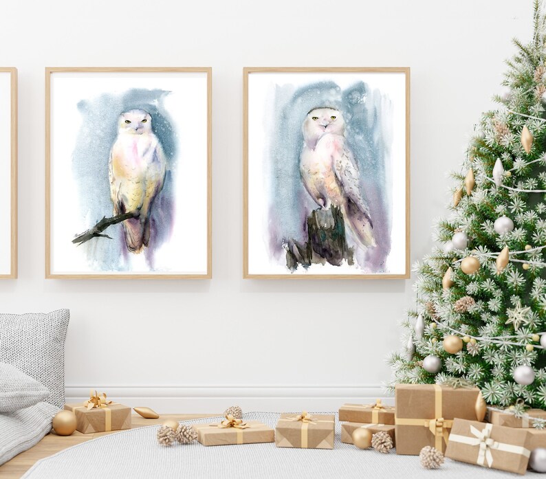 Set of 2 Snowy Owl Prints Winter Birds of Prey Christmas Gift Wall Art ...